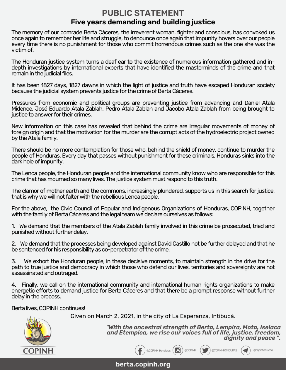 PUBLIC STATEMENT: Five years demanding and building justice - COPINH